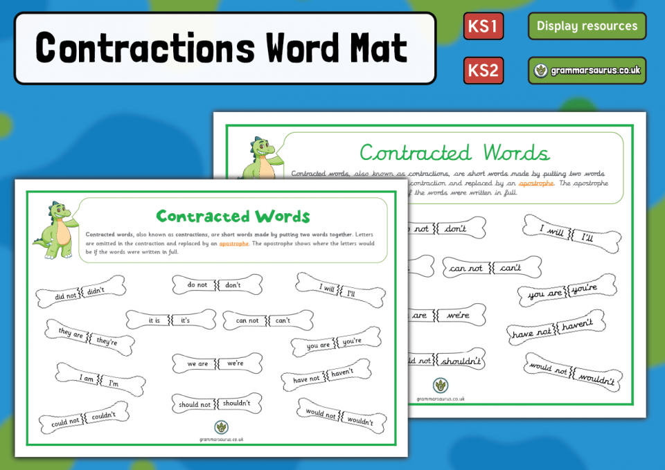 Contractions Word Mat - Grammarsaurus
