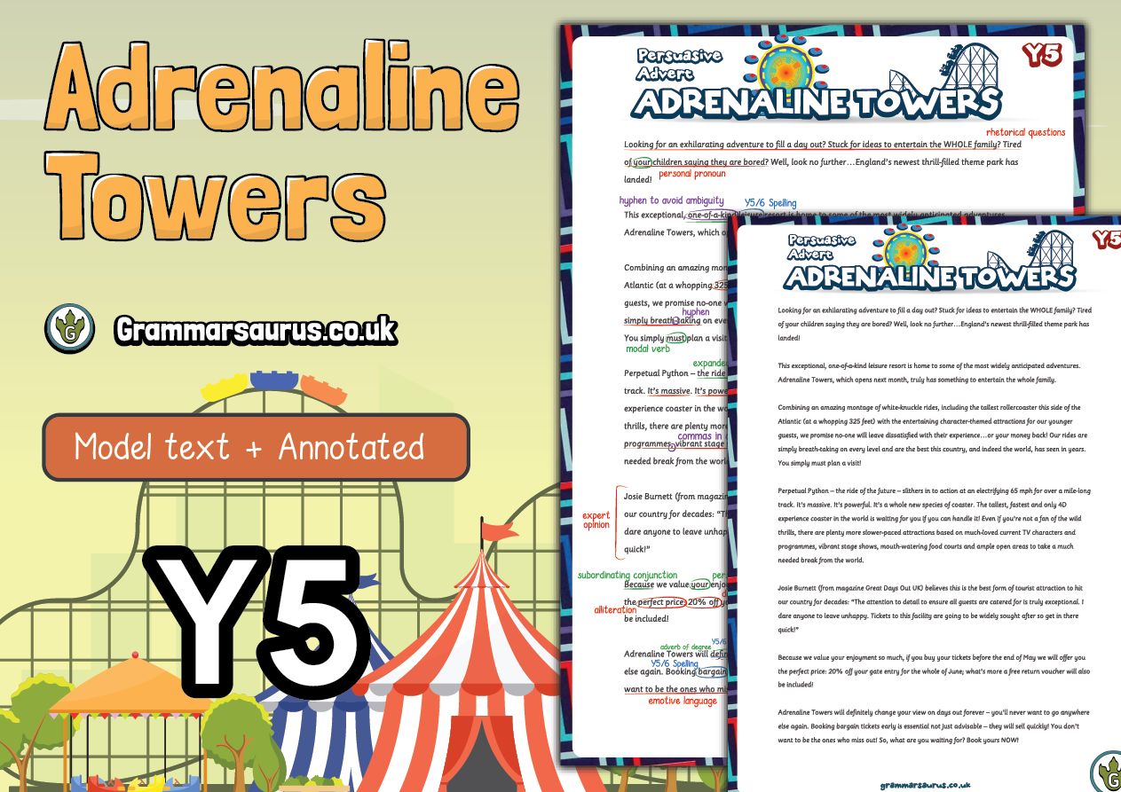 Year 5 Model Text - Persuasive leaflet- Adrenaline Towers - Grammarsaurus