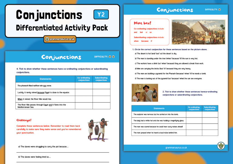 Year 2 - Conjunctions - Differentiated Activity Pack - Grammarsaurus