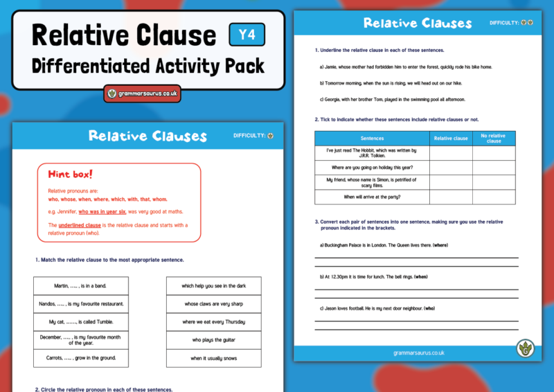 Relative Clause Differentiated Activity Pack - Grammarsaurus