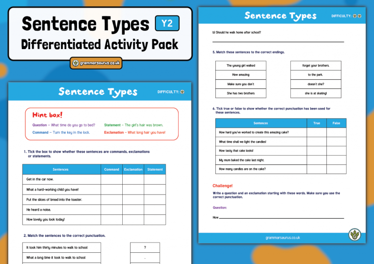Year 2 + Sentence Types - Differentiated Pack - Grammarsaurus