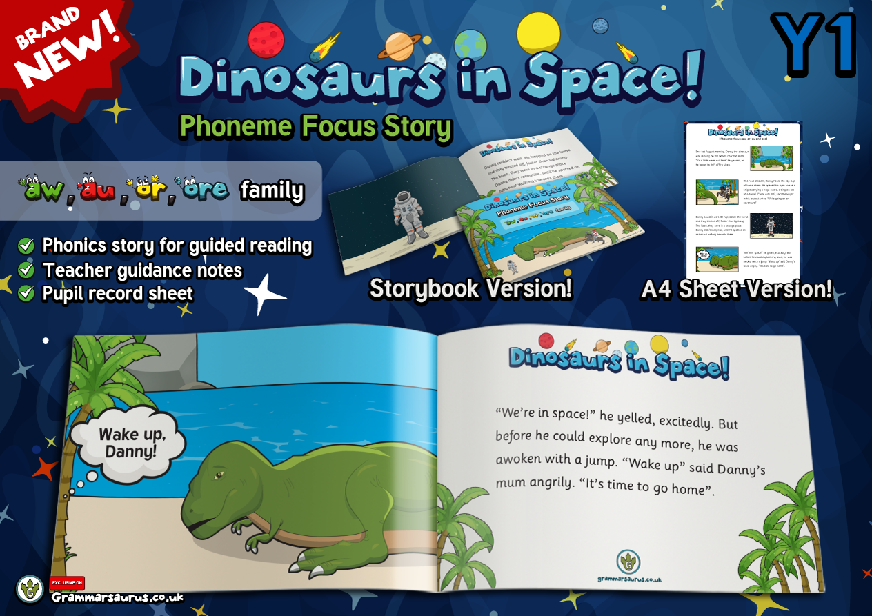 Year 1 - aw, or, au and ore Phoneme Focus Story - Grammarsaurus