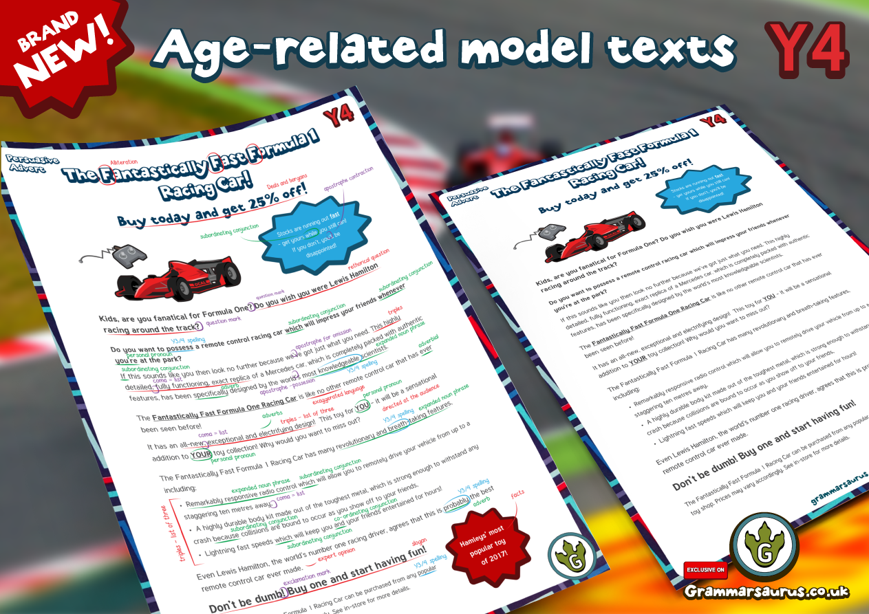 Year 4 Model Text - Persuasive advert - A Racing Car - Grammarsaurus
