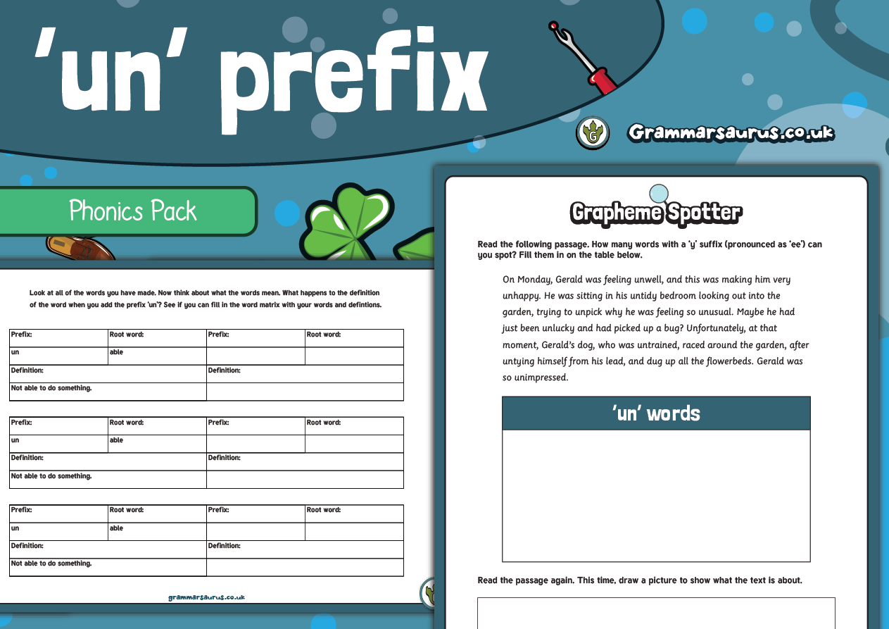 KS1 SPaG - 'un' Prefix Pack - Grammarsaurus