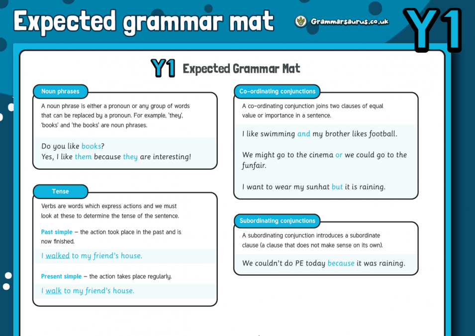 Year 1 Expected Grammar Mat - Grammarsaurus