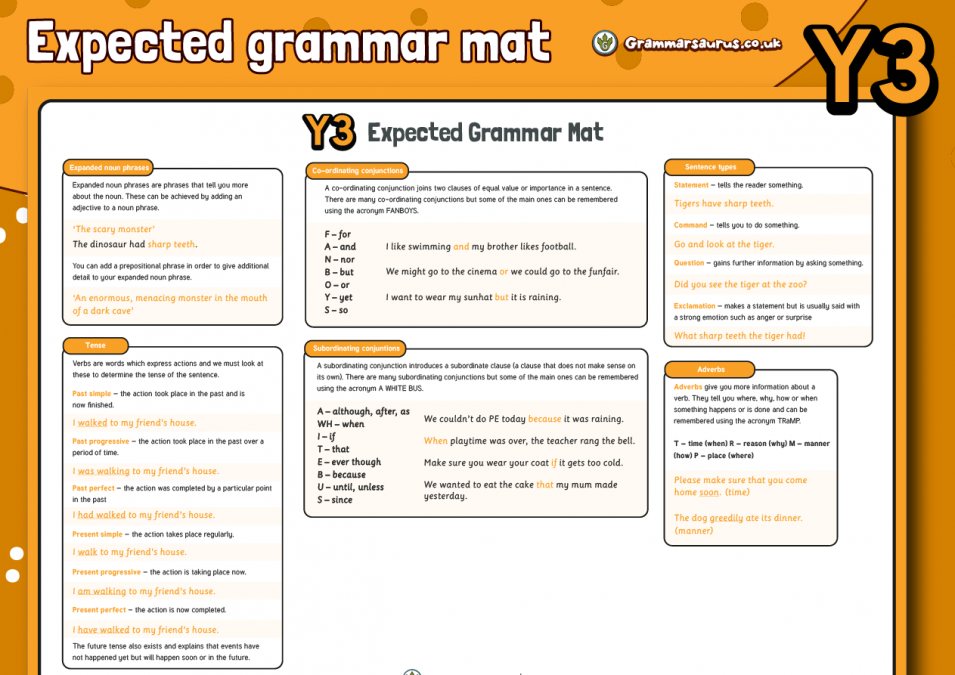 Year 3 Expected Grammar Mat - Grammarsaurus