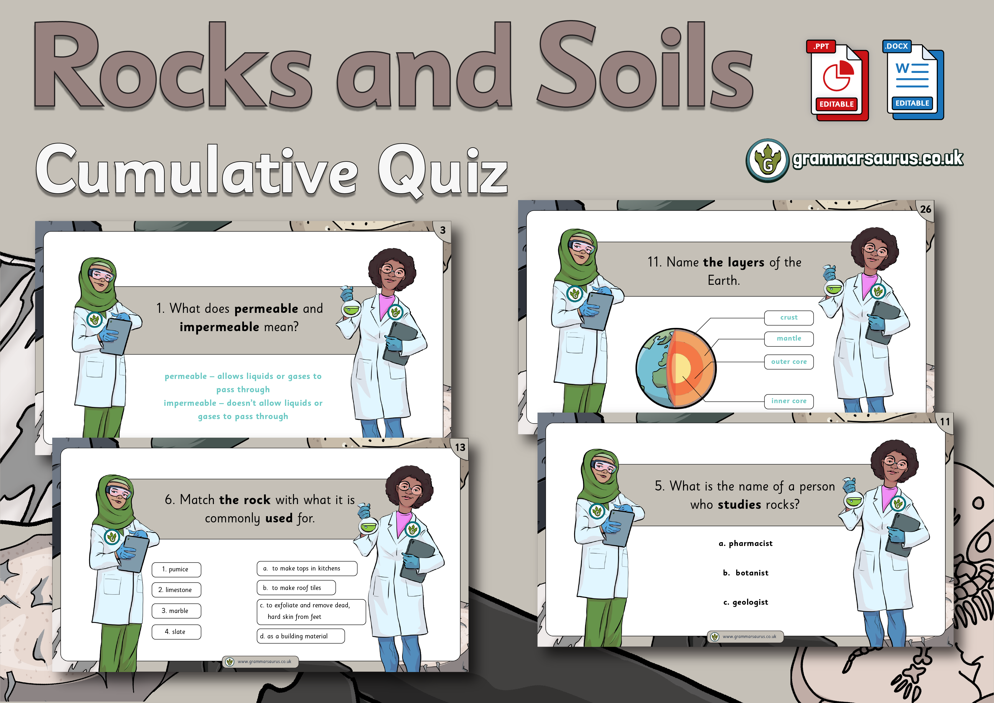 Year 3 Science - Rocks and Soils - Cumulative Quiz - Grammarsaurus
