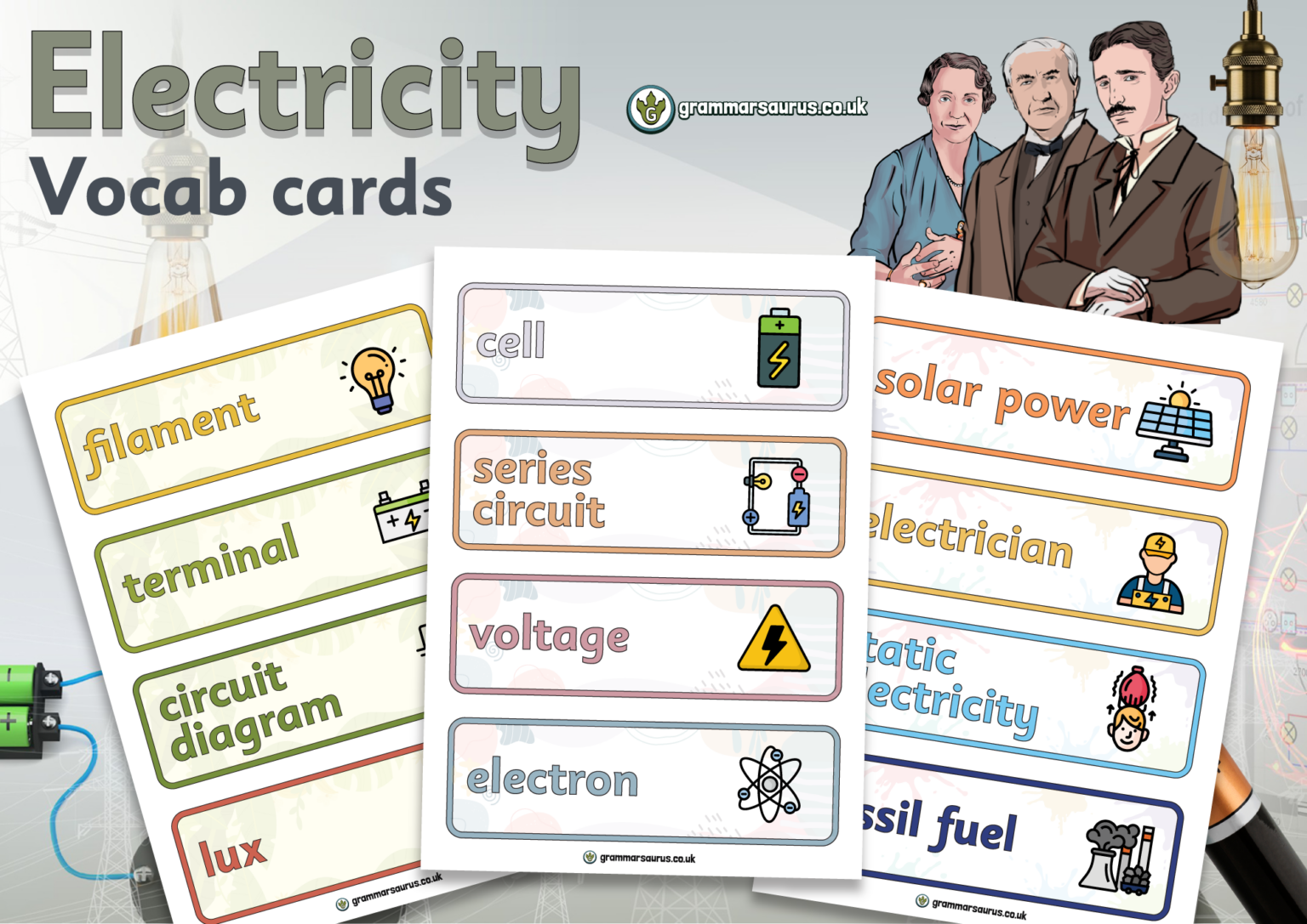 Year 6 Science - Electricity - Vocab cards - Grammarsaurus