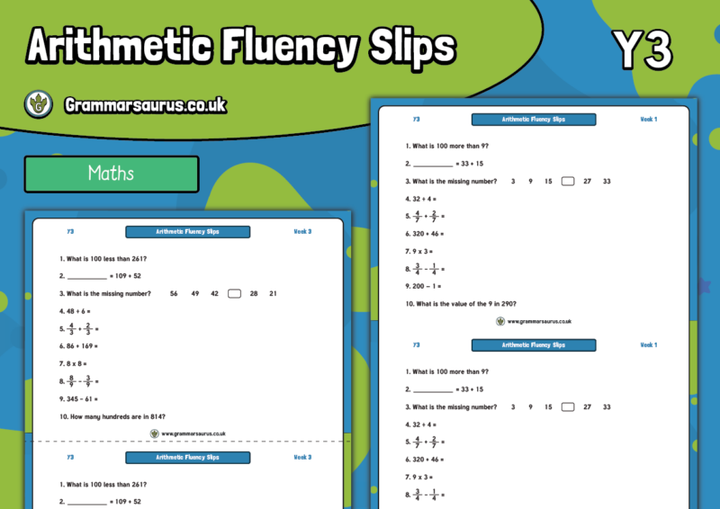 Year 3 - Arithmetic Fluency Practice Slips - Grammarsaurus