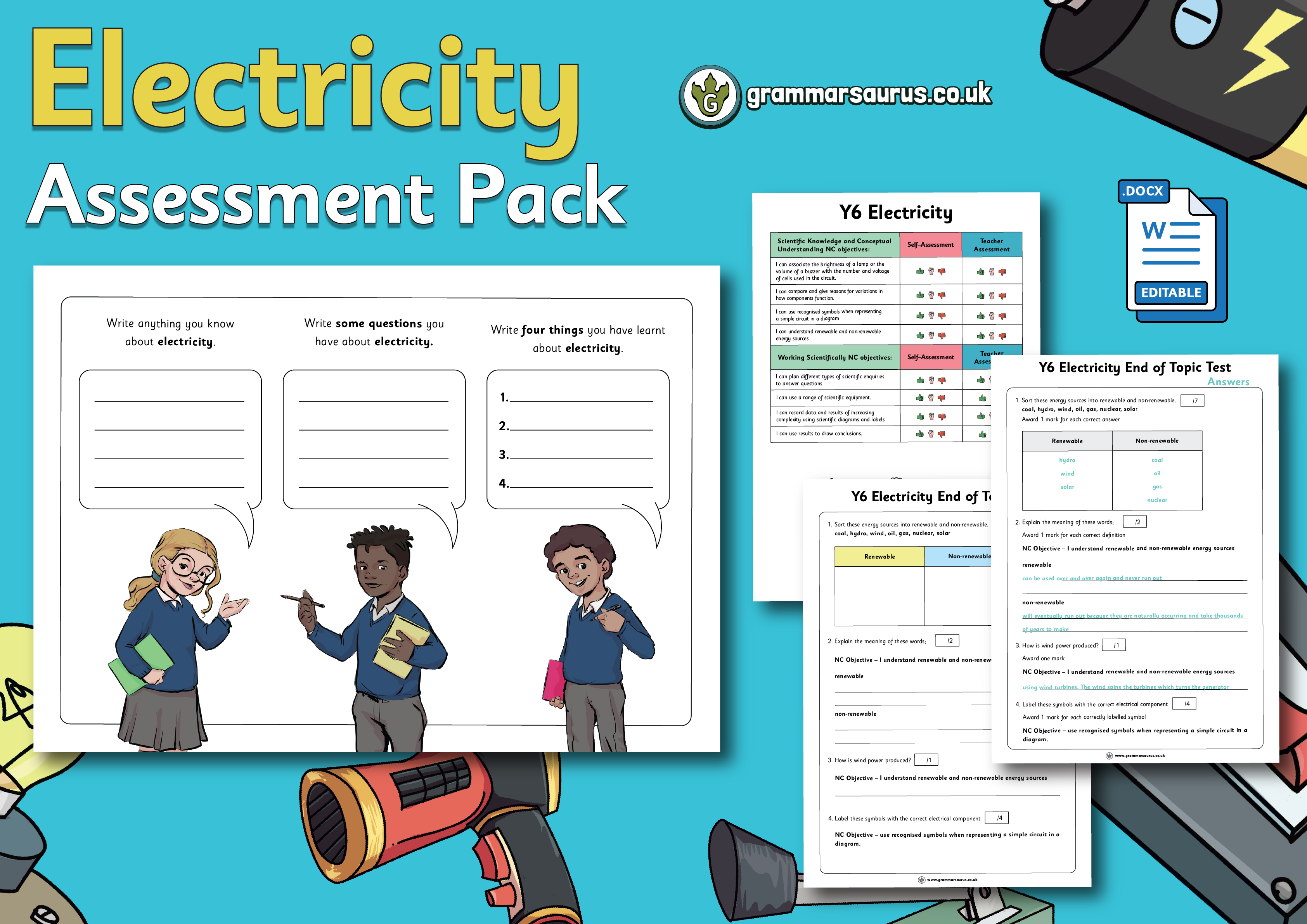 Year 6 Science - Electricity - Assessment Pack - Grammarsaurus
