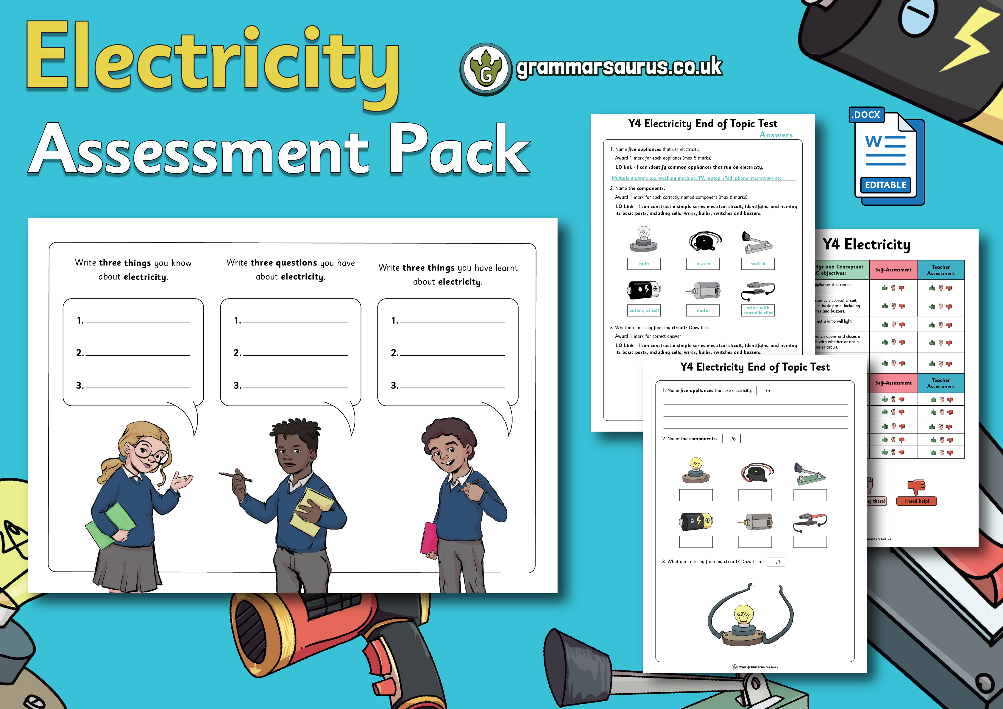 Year 4 Science - Electricity - Assessment Pack - Grammarsaurus