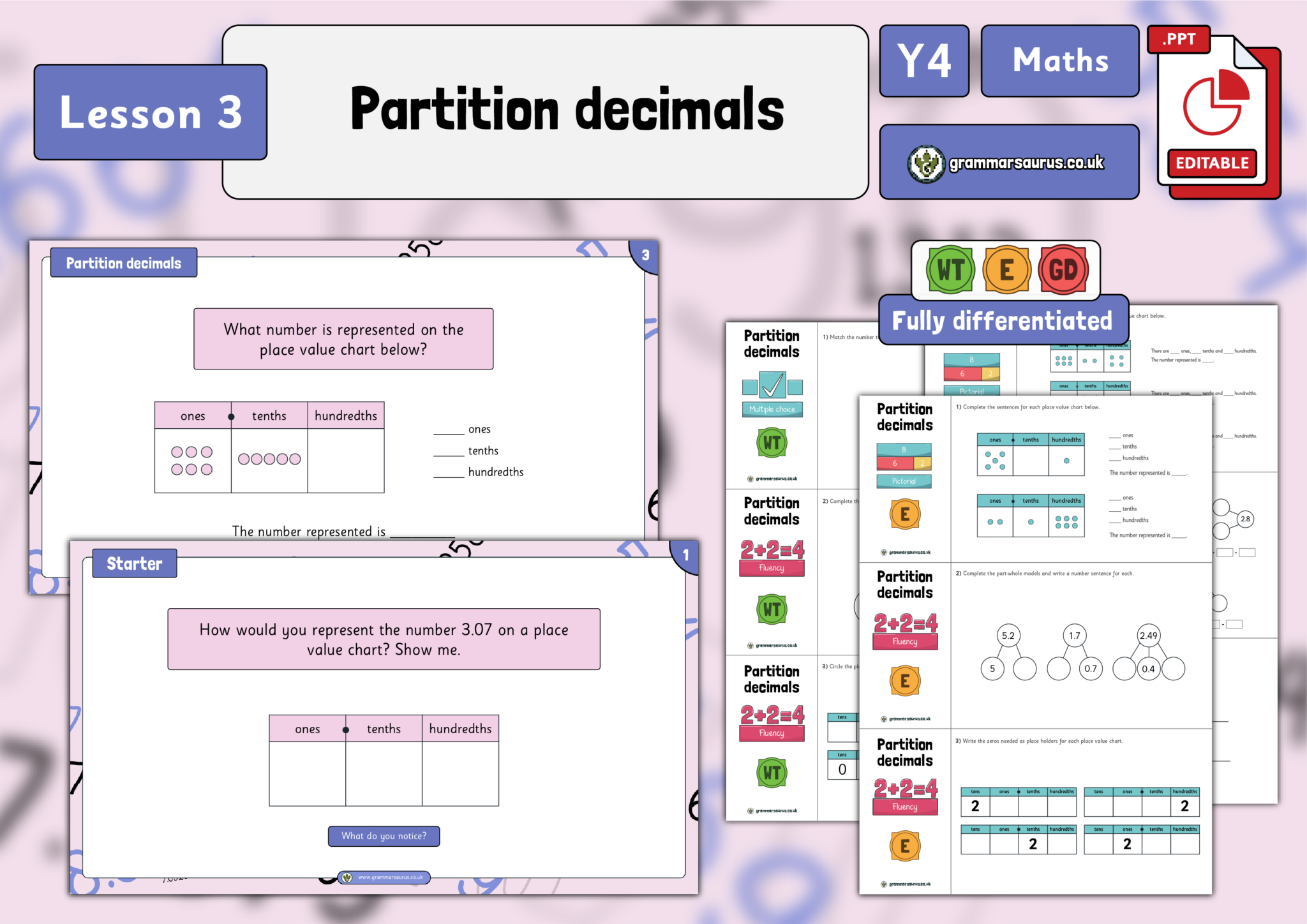 Year 4 Decimals (part 2) Partition decimals - Lesson 3 - Grammarsaurus