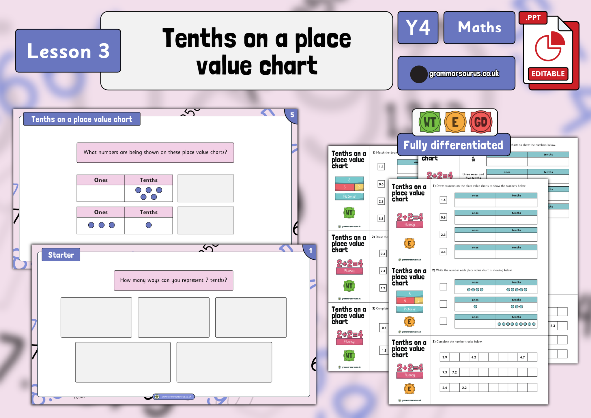 Year 4 Decimals - Tenths on a place value chart - Lesson 3 - Grammarsaurus