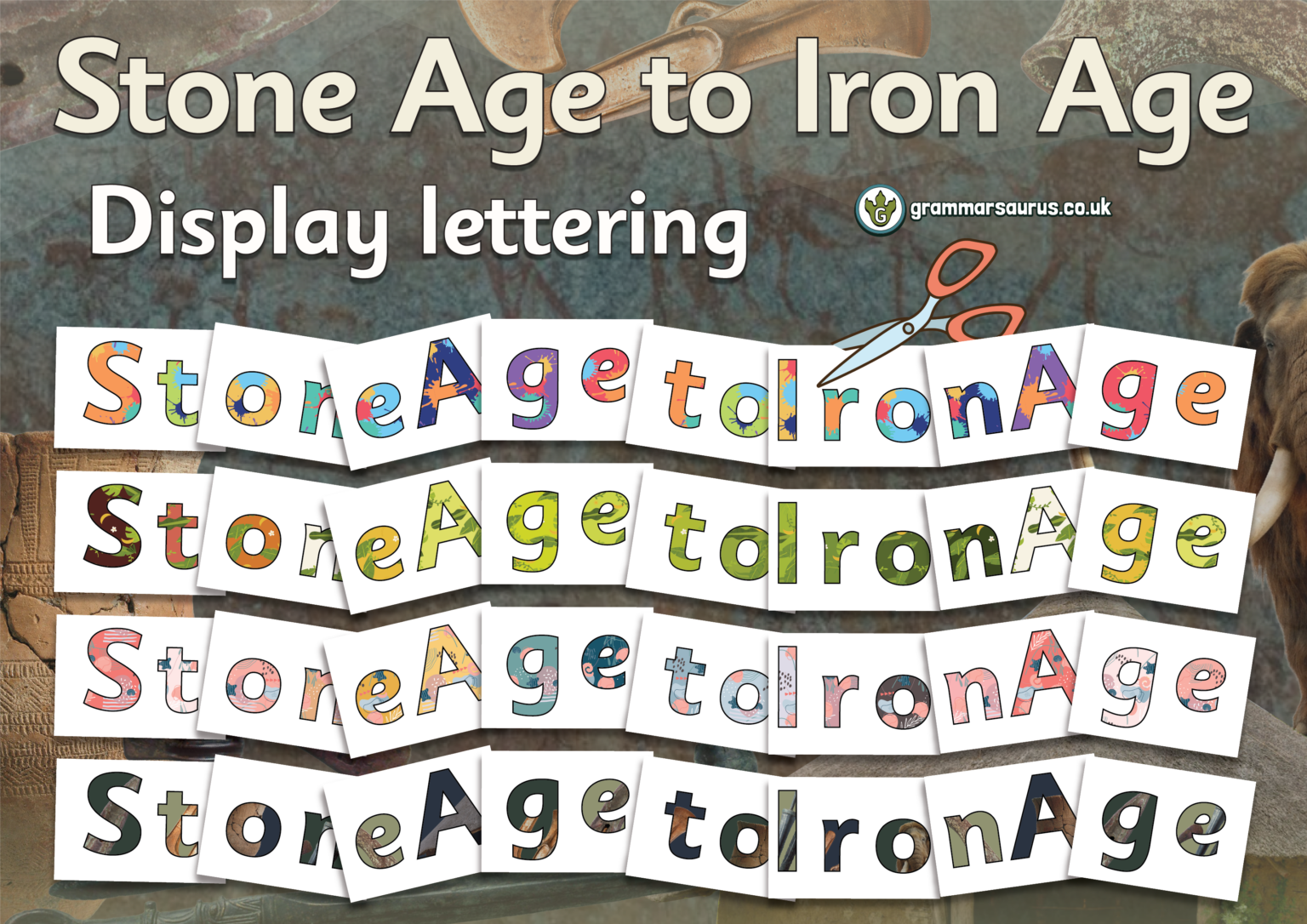 Year 3 History - Stone age to Iron age - Display lettering - Grammarsaurus