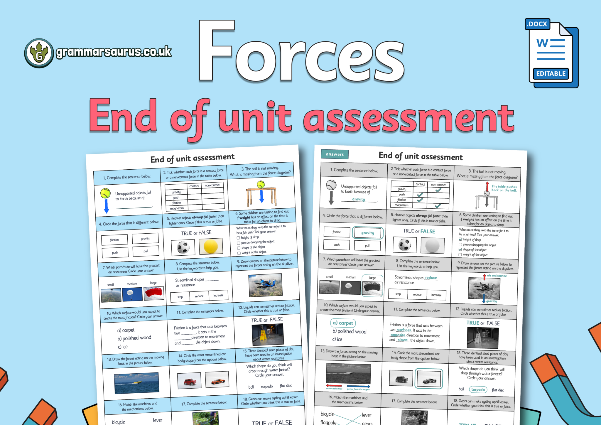 Year 5 Science - Forces - End of unit assessment - Grammarsaurus