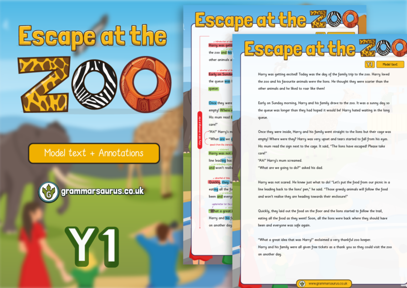 Year 1 Model Text - Narrative - Escape at the Zoo! - Grammarsaurus