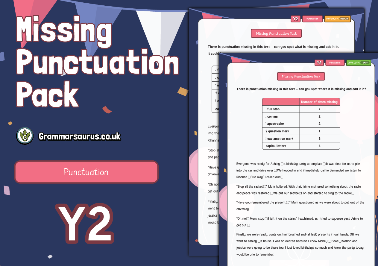 Year 2 Missing Punctuation Pack - Grammarsaurus