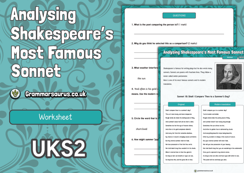 Year 5/6 Poetry - William Shakespeare - Sonnet Worksheet - Grammarsaurus