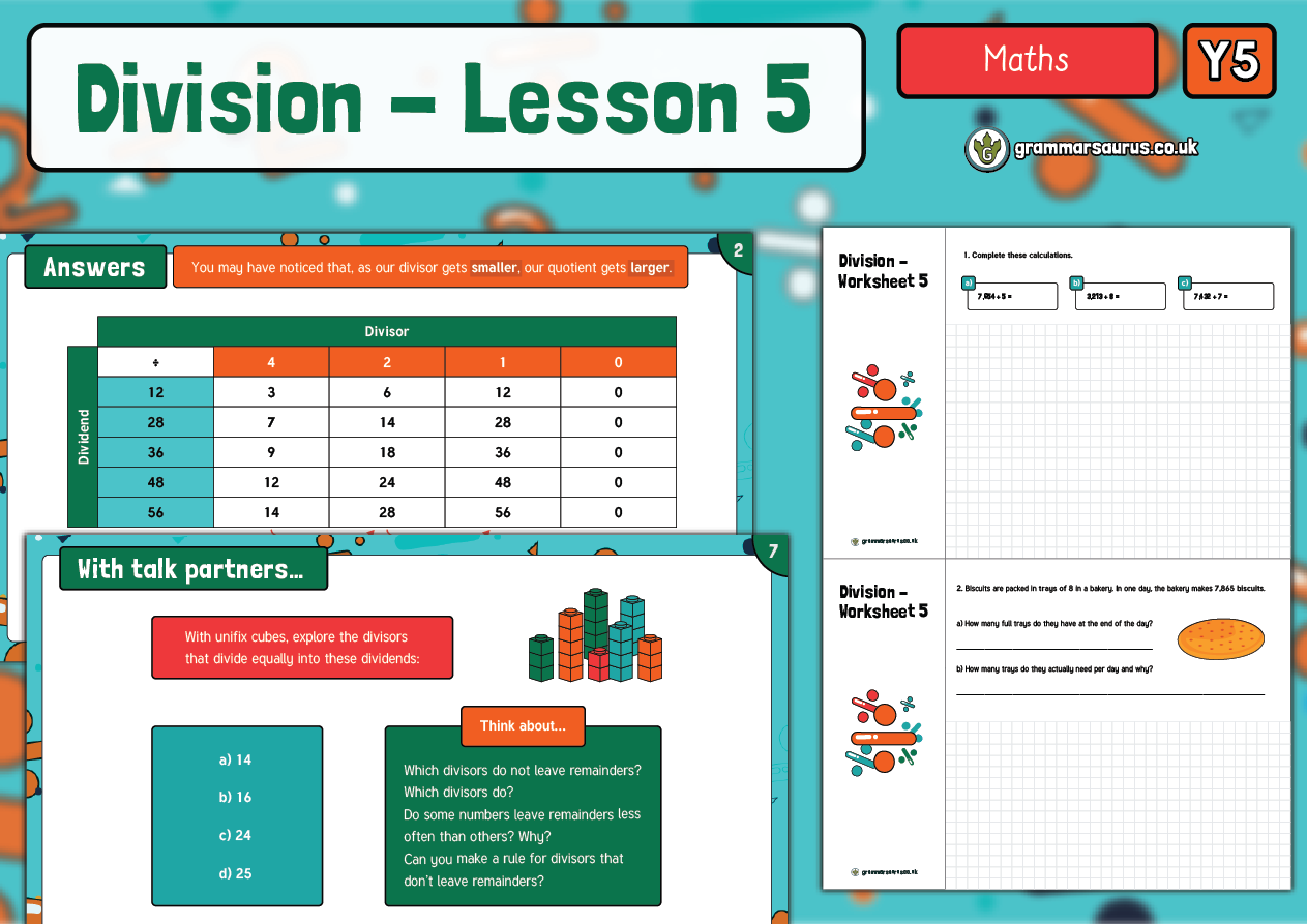 Year 5 Division - Dividing with Remainders - Lesson 5 - Grammarsaurus