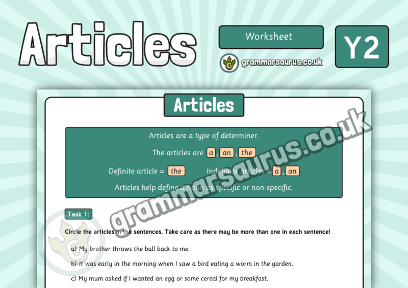 Year 2 SPaG - Articles Worksheet - Grammarsaurus