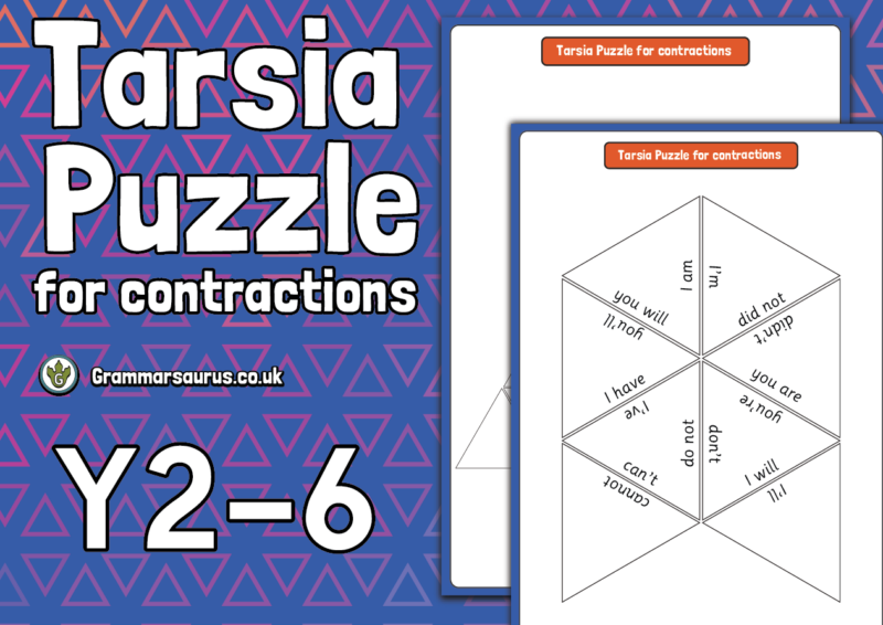 Year 2-6 - SPaG - Tarsia Puzzle for Contractions - Grammarsaurus