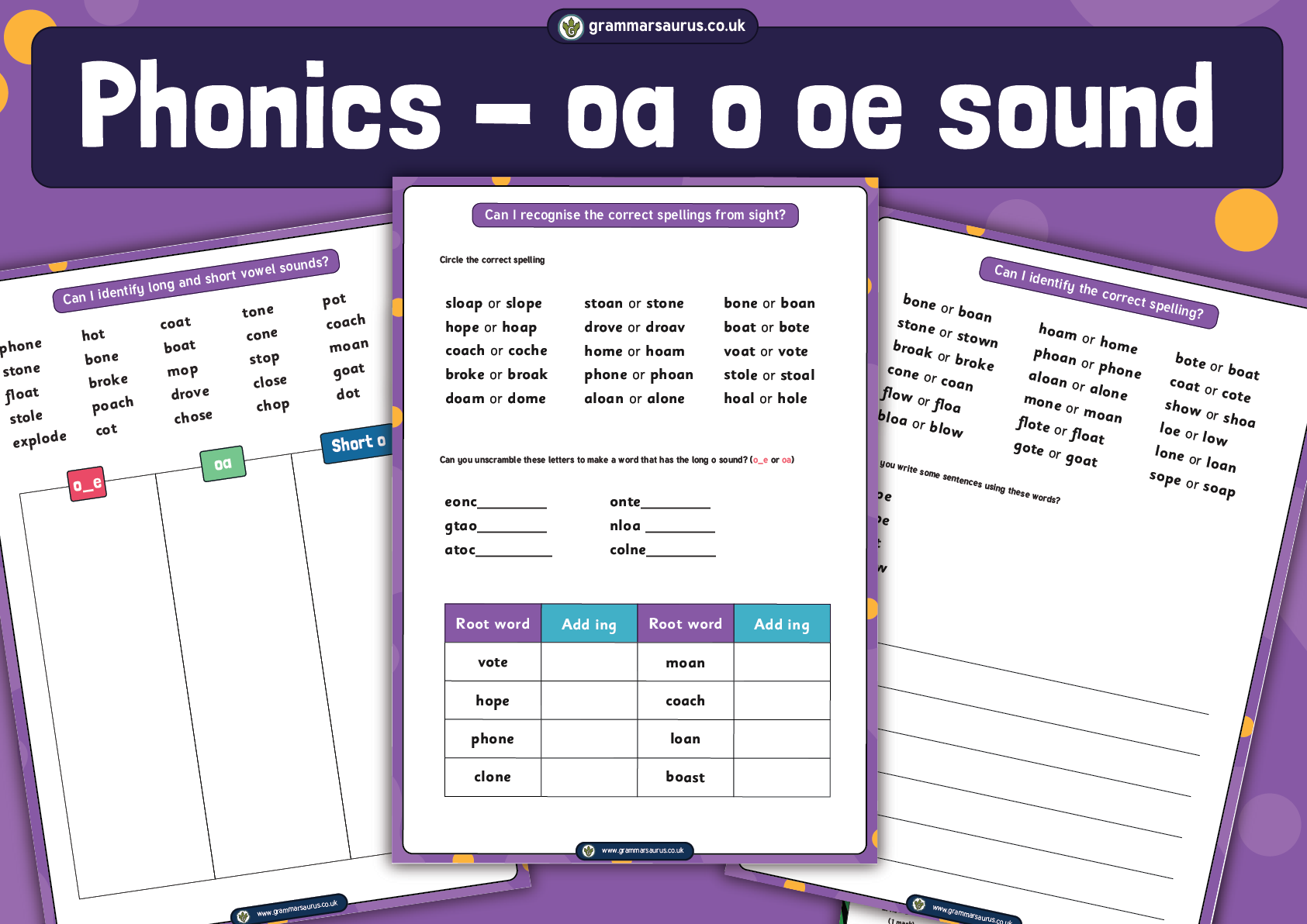Phonics - oa o oe Sound Resource Pack - Grammarsaurus