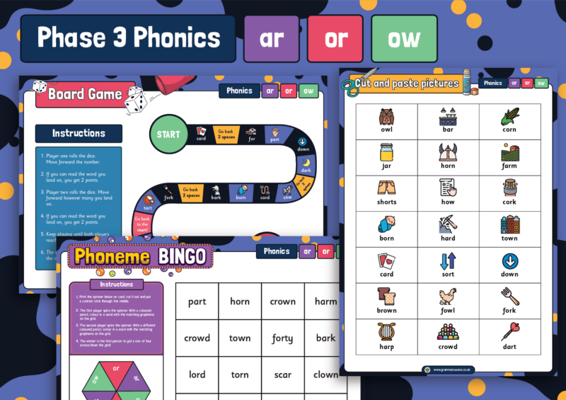 Phonics Phase 3 - Phoneme Board Game and Activity Pack - ar or ow ...