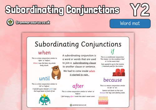 Year 2 Subordinating Conjunctions Word Mat - Grammarsaurus