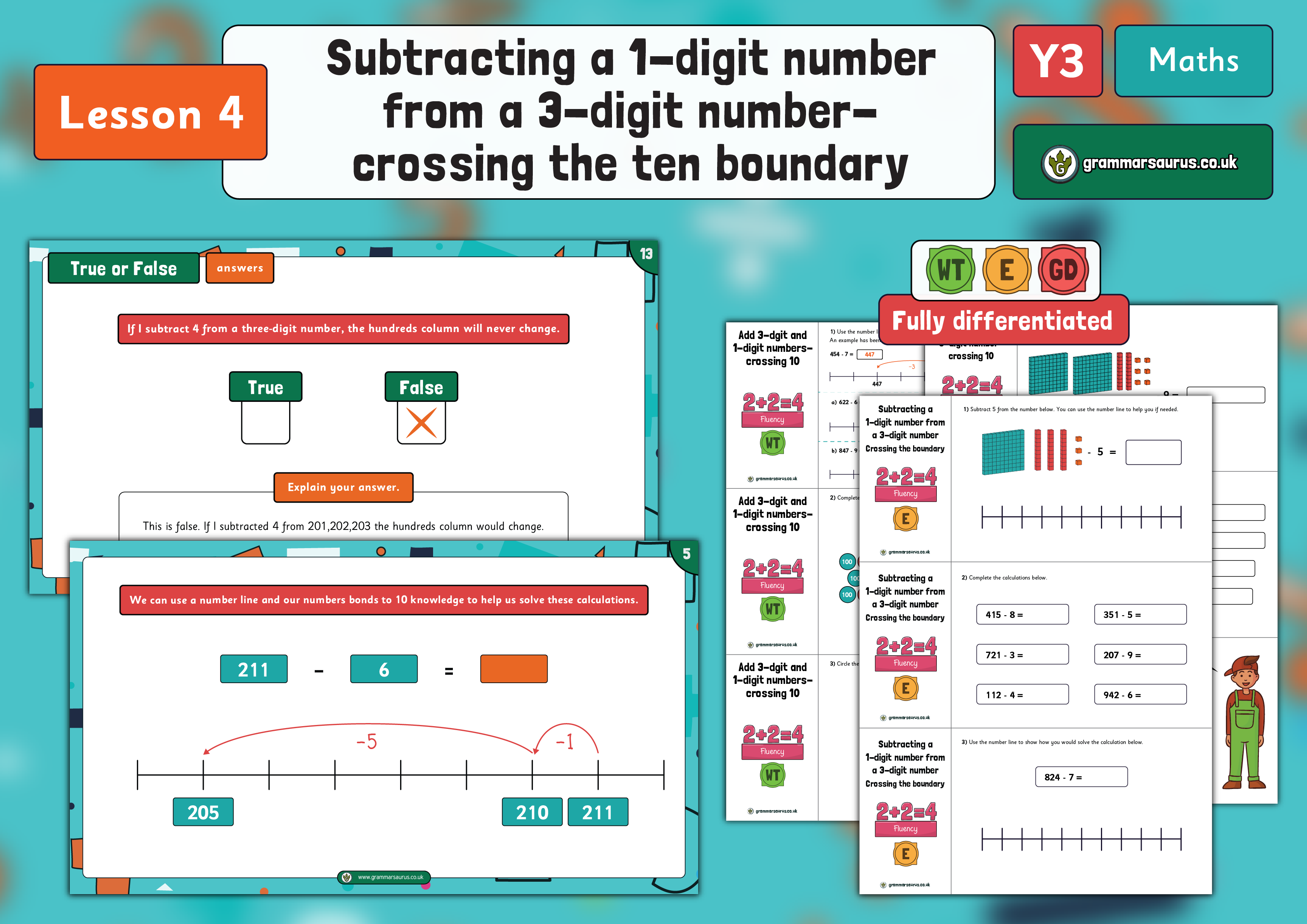Year 3 Addition and Subtraction - Subtracting a 1-digit number from a 3-digit number - crossing ...