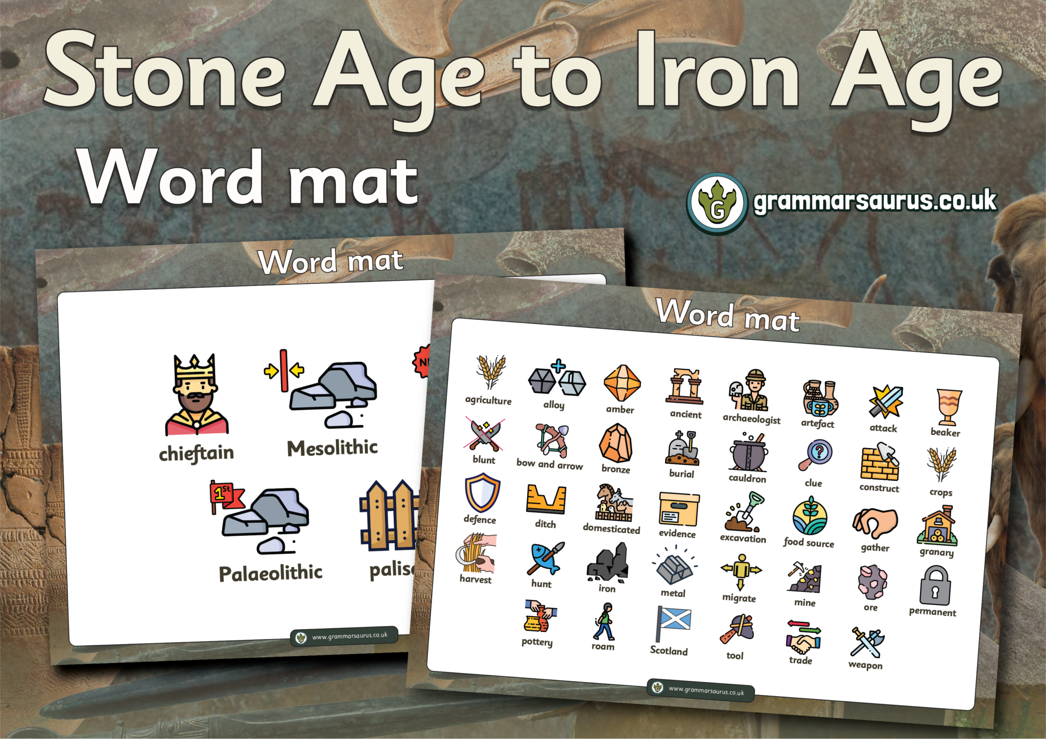 Year 3 History - Stone age to iron age - Word mat - Grammarsaurus