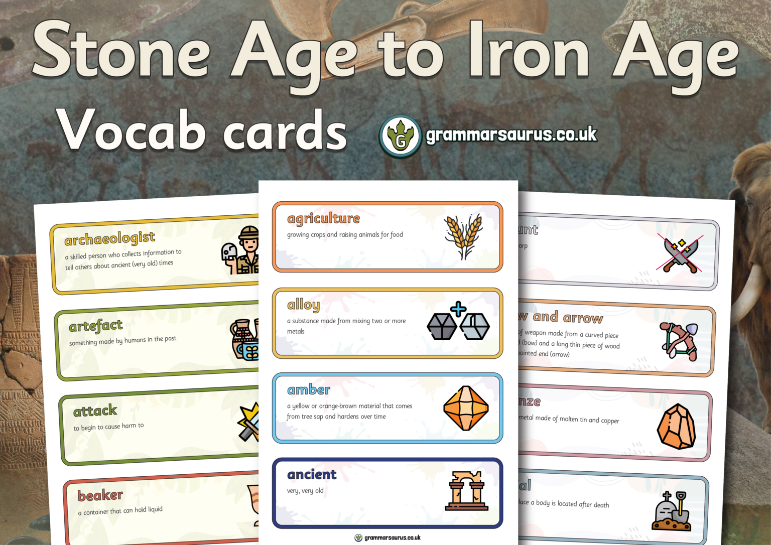 Year 3 History - Stone age to Iron age - Vocab cards - Grammarsaurus