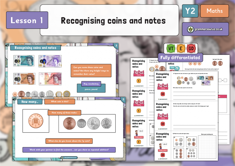 Year 2 Money - Recognising notes and Coins - Lesson 1 - Grammarsaurus