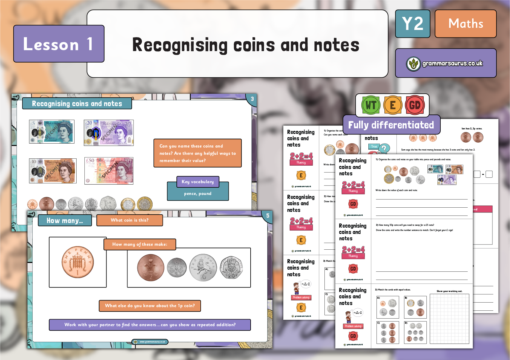 Year 2 Money - Recognising notes and Coins - Lesson 1 - Grammarsaurus
