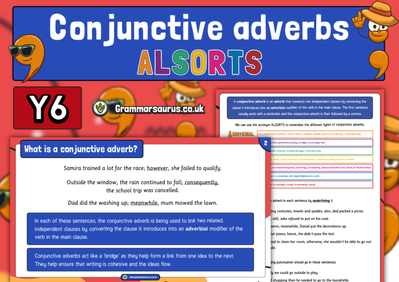 Year 6 Grammar - Conjunctive Adverbs (ALSORTS) - Grammarsaurus