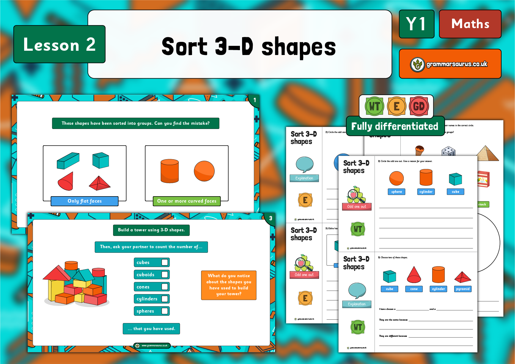 Year 1 2-D and 3-D Shapes - Sort 3-D Shapes - Lesson 2 - Grammarsaurus