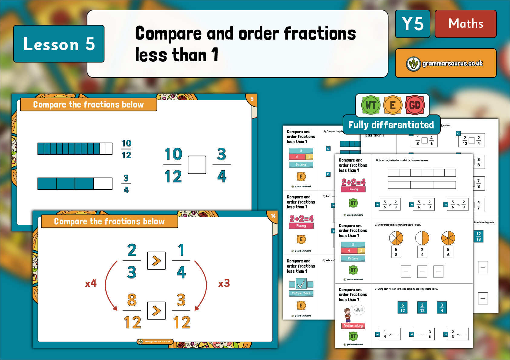 Year 5 Fractions Compare And Order Fractions Less Than 1 Lesson 5 Grammarsaurus