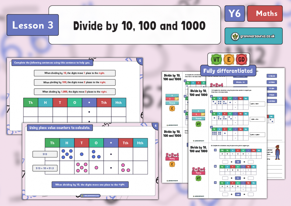 Year 6 Decimals - Divide by 10, 100 & 1000 - Lesson 3 - Grammarsaurus