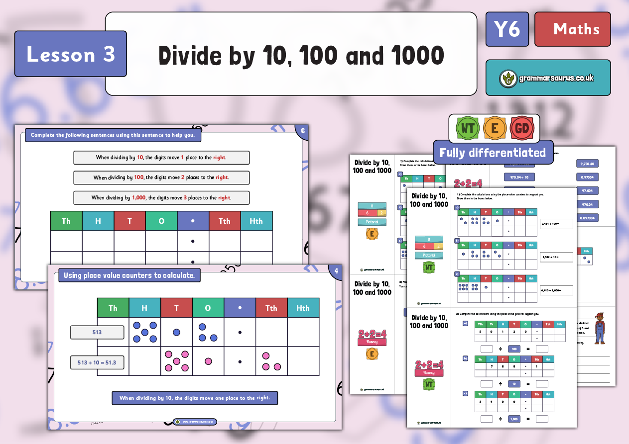 Year 6 Decimals - Divide by 10, 100 & 1000 - Lesson 3 - Grammarsaurus
