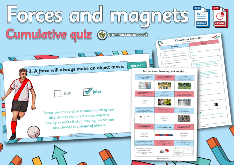 Year 3 Science - Forces and magnets - Cumulative quiz - Grammarsaurus