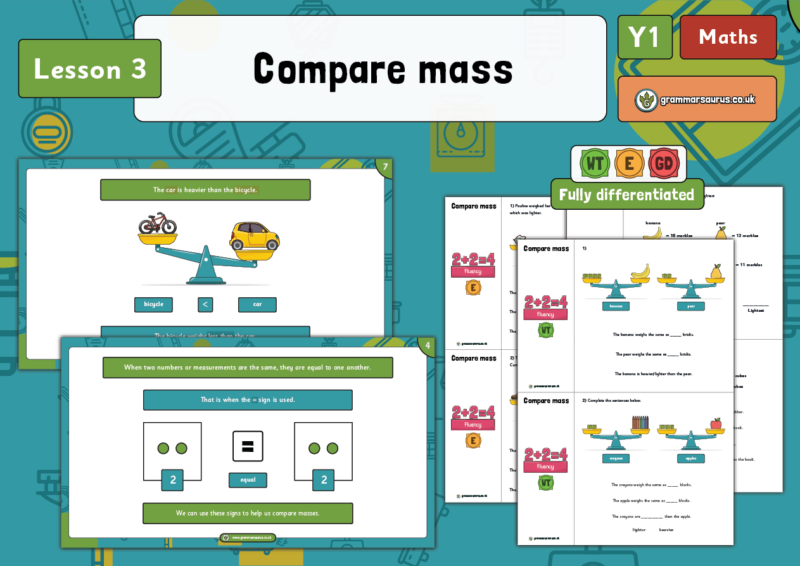 Year 1 Weight and Volume - Compare mass - Lesson 3 - Grammarsaurus