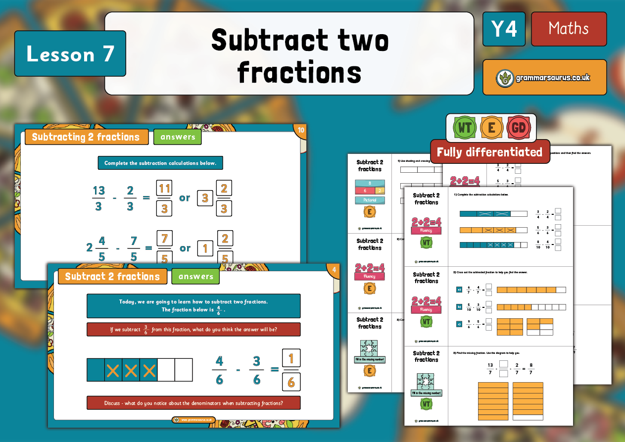 Year 4 Fractions - Subtract 2 fractions - Lesson 7 - Grammarsaurus