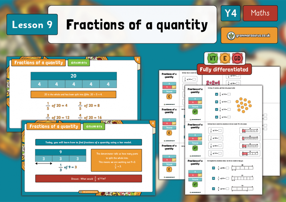 Year 4 Fractions - Fractions of a quantity - Lesson 9 - Grammarsaurus