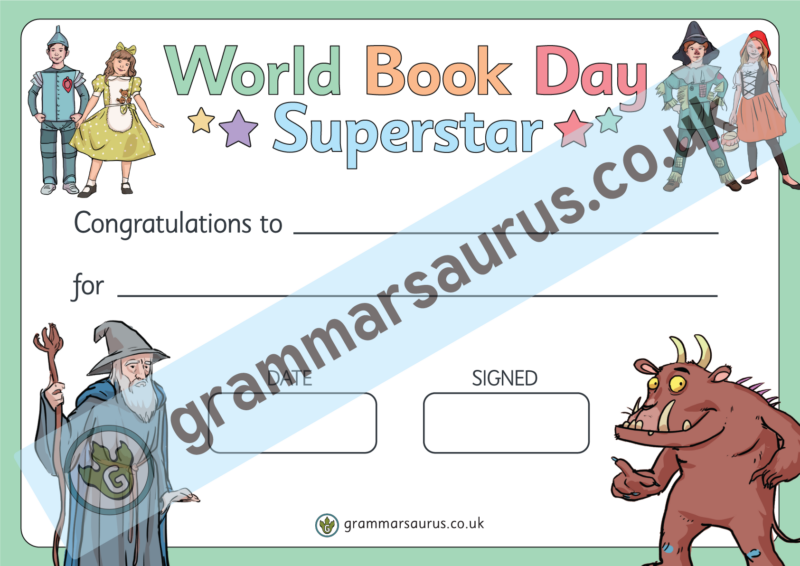World Book Day Certificate - Grammarsaurus