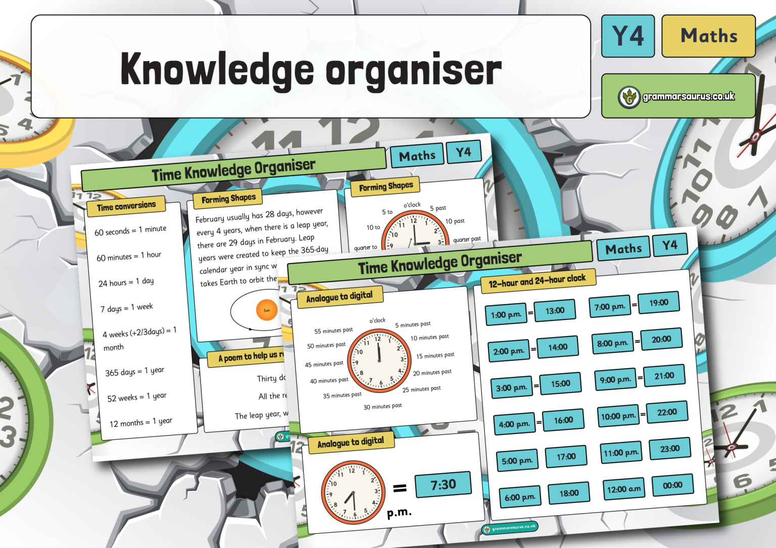 Year 4 Maths - Time - Knowledge Organiser - Grammarsaurus