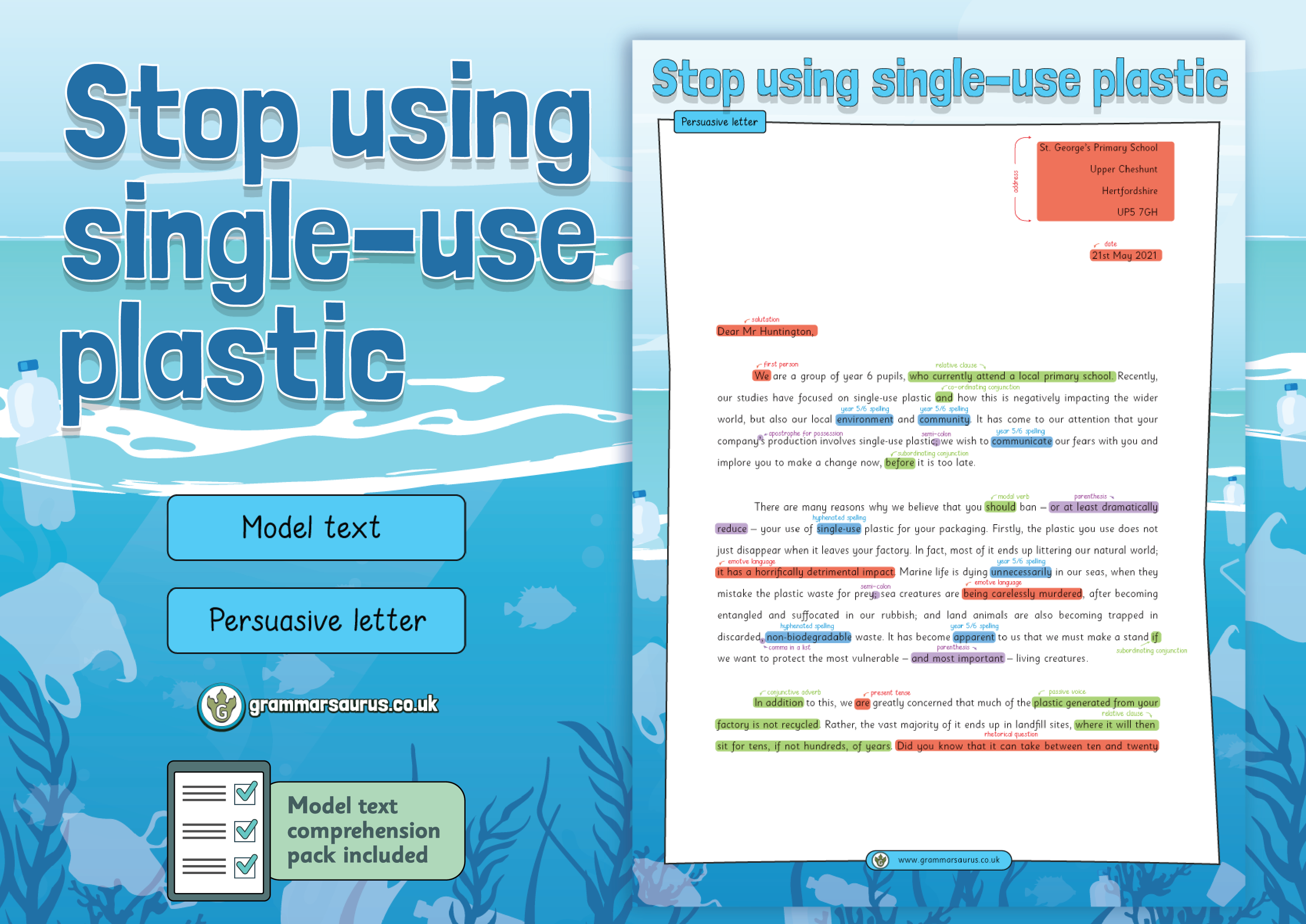 Year 6 Model Text – Persuasive letter – Stop using single-use plastic ...