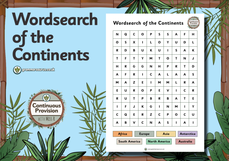 Continuous Provision - Exploration - Word search of the Continents - Grammarsaurus