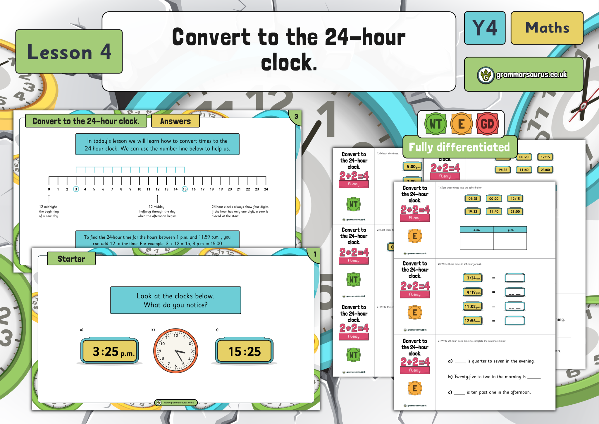 Year 4 Time - Convert to the 24 hour clock - Lesson 4 - Grammarsaurus