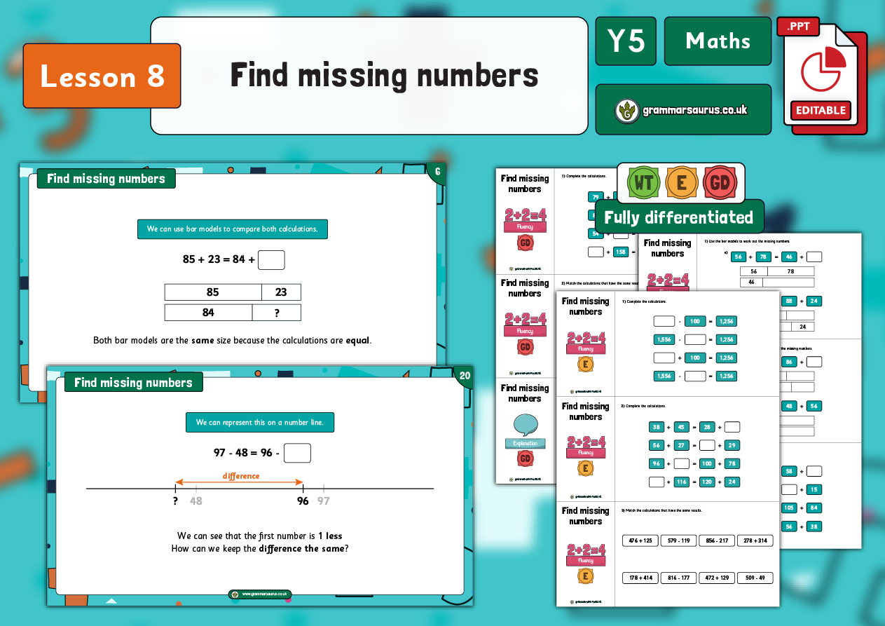 Year 5 Addition and Subtraction – Find missing numbers – Lesson 8 - Grammarsaurus