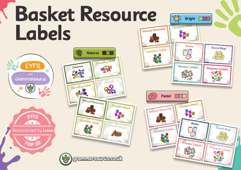 EYFS Essentials - Basket Resource Labels - Grammarsaurus