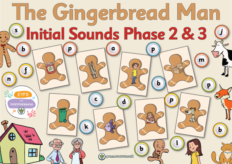 EYFS The Gingerbread Man - Initial Sounds Phase 2 & 3 - Grammarsaurus